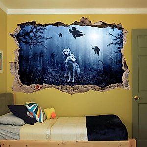 Wall Decal Art Wall Tattoo 3D Smashed Wild Night Dark Wolves Wall Sticker 3D Art Poster Decal Mural Decor 55x80cm