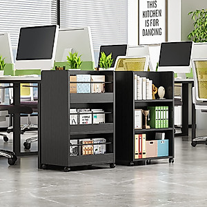 3-Tier Bookshelf, Book Storage Organization with Wheels Mobile Rolling Bookshelves Cart for Home Office Kids’ Study Room School, Double Sided Open Bookshelf with Wheel, Black