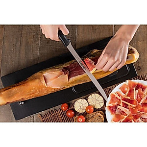 ARCOS Slicing Knife / Ham Knife 10 Inch Nitrum Stainless Steel and 240 mm blade. Ergonomic Polyoxymethylene POM Handle. Series Menorca. Handle made of lightbluish polypropylene. Color Black.