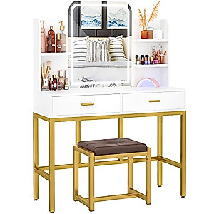 armocity Vanity Desk with Mirror and Light, Makeup Vanity with Cushioned Stool, Vanity Table Set with 3 Color Lighting Options, Modern Dressing Table with 2 Storage Drawers for Bedroom, White