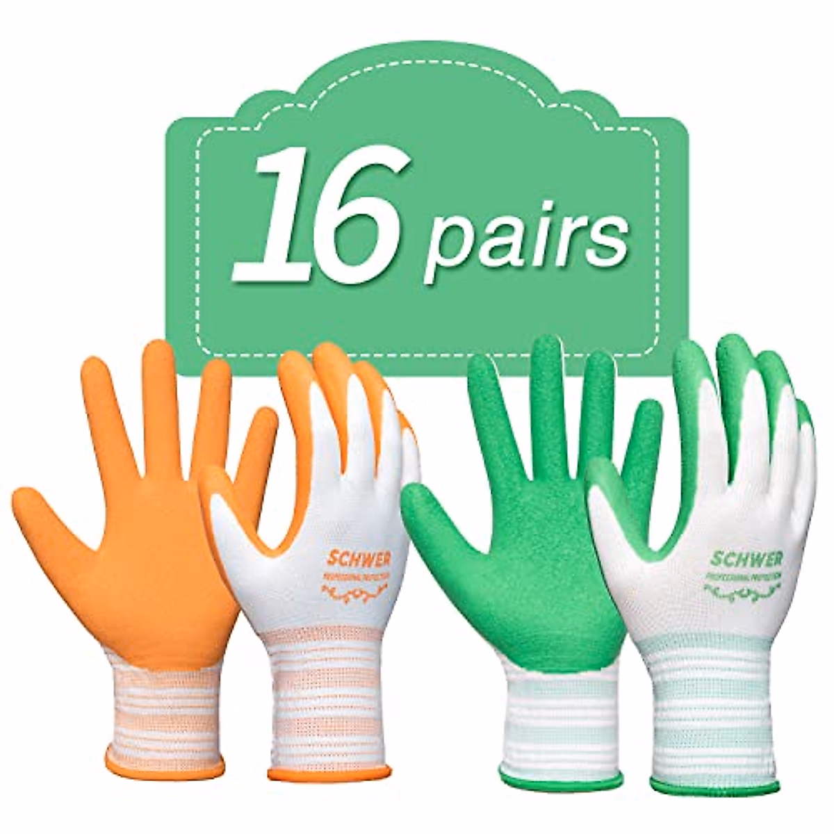 Schwer 16 Pairs Gardening Gloves for Women and Ladies, Breathable Rubber Coated Yard Garden Gloves, Outdoor Protective Work Gloves with Grip, Medium Size Fits Most （Orange & Green）