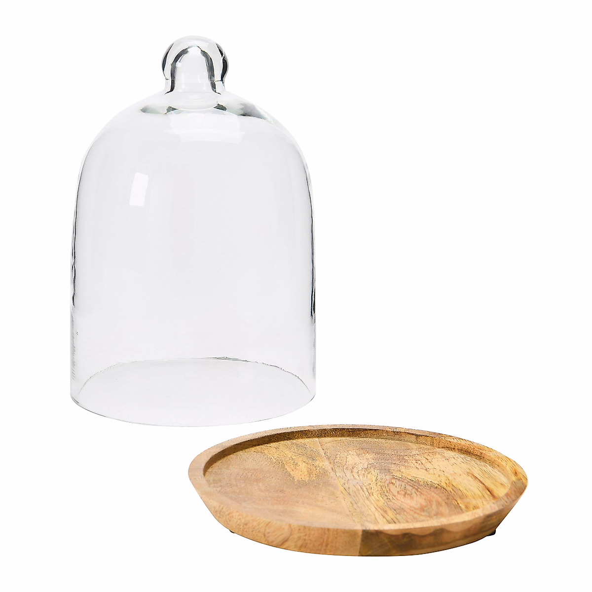 Creative Co-Op Glass Mango Wood Base Cloche, 6-3/4" Round x 8-3/4"H, Clear