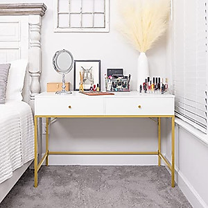 SUPERJARE Vanity Desk with Drawers, 47 inch Computer Desk, Modern Simple Home Office Desks, Makeup Dressing Table for Bedroom - White and Gold