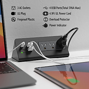 Electriduct Edge Mount Nightstand Charger 6 Amp 1 USB-C Charging Port + 3 USB-A Charging Ports, 3 AC Power Strip Outlets Clamp Desk Power Center - Black