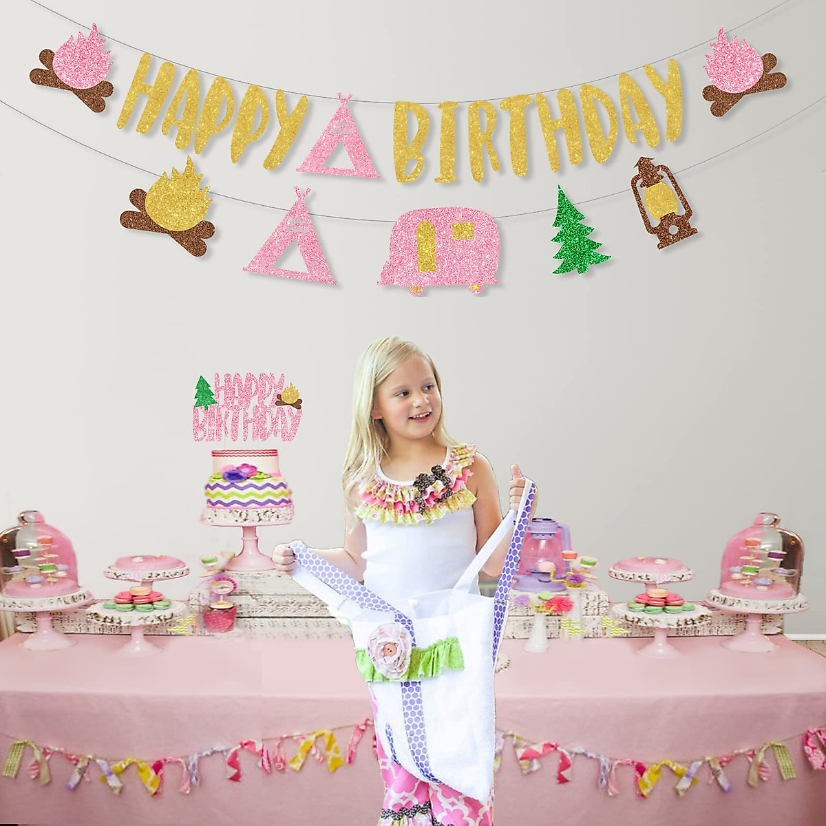 Camping Birthday Party Decorations Girl - Glitter Pink Happy Birthday Banner, Camping Theme Banner Garland, Pink Glitter Happy Birthday Cake Topper for Girl Camping Party Decorations
