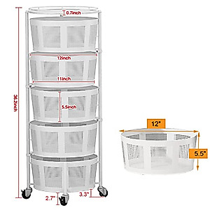 Flesser Rotating Baskets Storage Rack 5 Tier Round Kitchen Rolling Cart with Wheels White Fruit Vegetable Baskets Organizer Stand for Bathroom,Bedroom