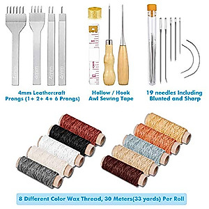 Cridoz 35 Pcs Leather Stitching Pouch Kit with 4mm Prong Sewing Hole Punch, Leather Sewing Tools, Waxed Thread and Large-Eye Stitching Needles for Beginner Leather Sewing Working Crafting Projects