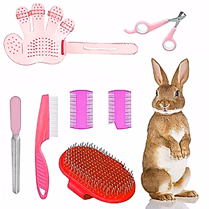 7 Pieces Rabbit Grooming Kit with Rabbit Grooming Brush, Small Pet Nail Clippers and Pet Hair Remover, Pet Shampoo Bath Brush with Adjustable Ring Hand Strap for Small Rabbit, Hamster, Bunny