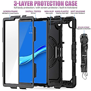Case for Lenovo Tab M11 TB-331FC with Screen Protector Pen Holder | Herize Lenovo Tab M11 Case with 360 Rotating Kickstand Hand Grip Shoulder Strap | Black