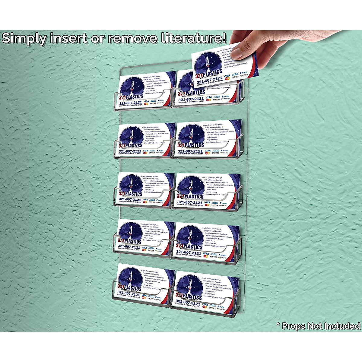 Marketing Holders Hanging Business Card Holder 10 Pocket with Hardware for 3.5" x 2" Contact Info Cards Multi Slot Space Saving Rack Wall Mount Organizer Clear Acrylic Display