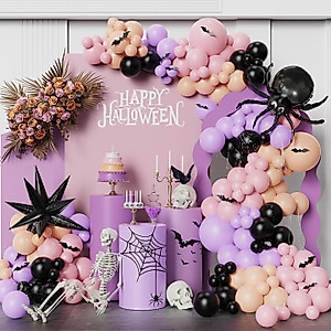 166pcs Pink Black Purple Halloween Balloon Garland Arch kit, Scary Spider Happy Halloween Baby Shower Party Decorations with 3D Bat Stickers for Girls Spooky Birthday BOO Day Party Supplies