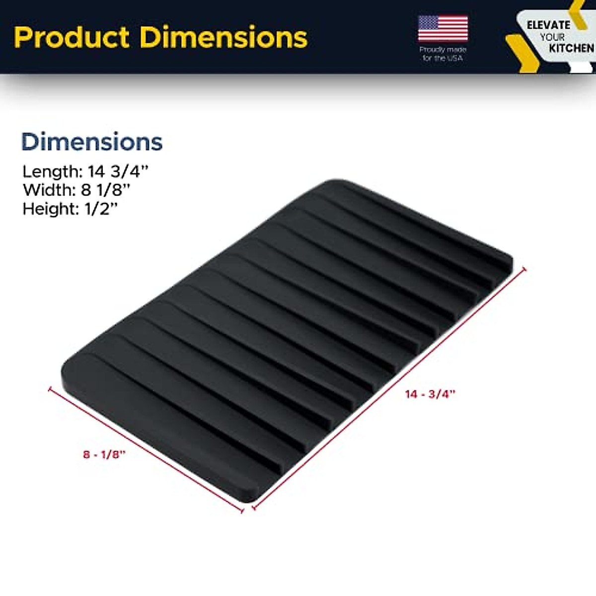 Premium Drying Mat, 14” Black Multipurpose Self Draining Silicone Drying Mat, Easy to Clean Drying Mat for Kitchen Counter. Heat Resistant, Dishwasher Safe