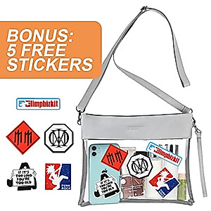 ZOEGATE Clear Bag Crossbody Purse Bag Stadium Approved Clear Concert Purse Shoulder Bag Tote Bag with 5 Cool Stickers (Grey)