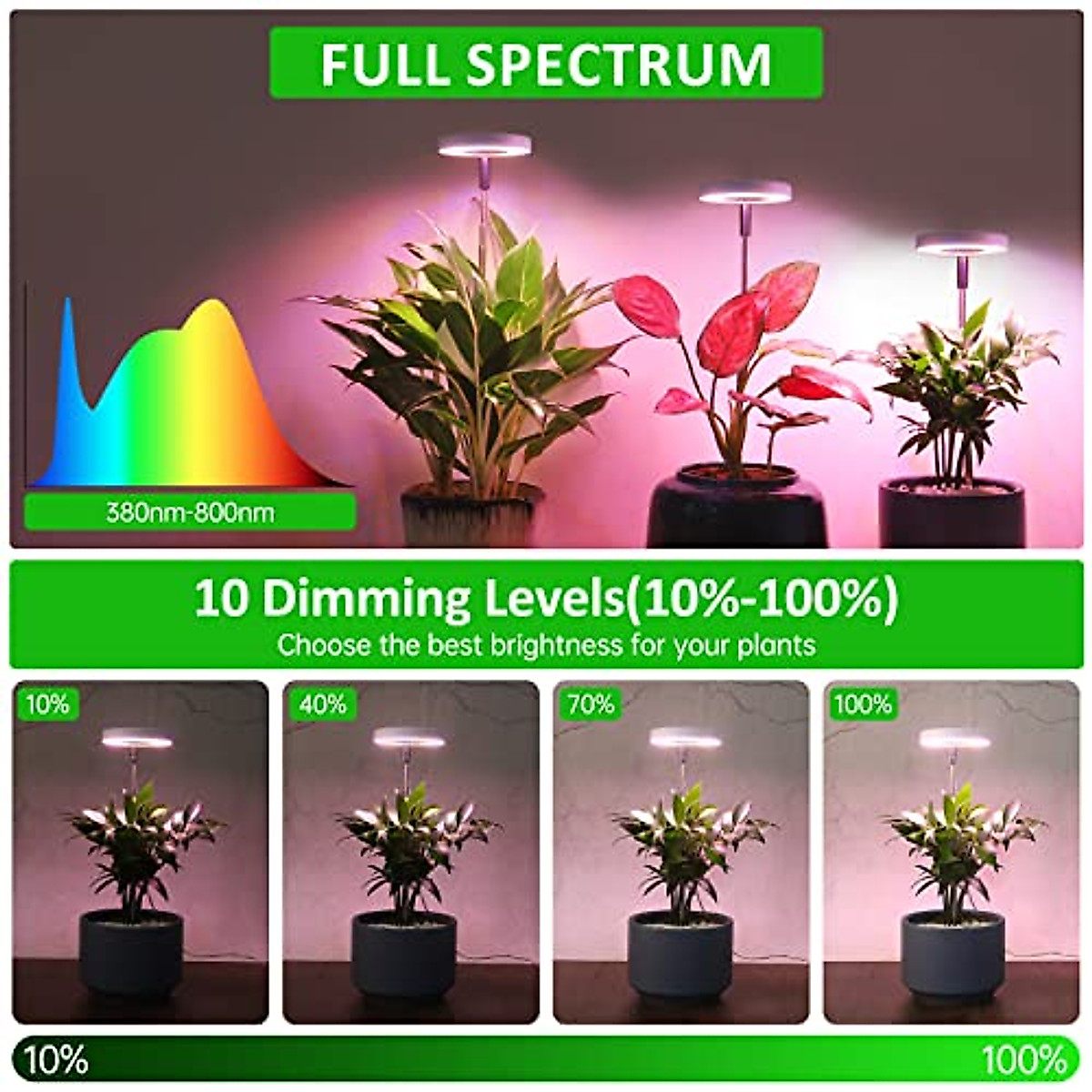 Grow Lights for Indoor Plants, Romsto LED Full Spectrum Plant Light for Indoor Plants, Height Adjustable Grow Light with 10 Dimmable Brightness, 8/12/16H On/Off Timer, Ideal for Small Plants