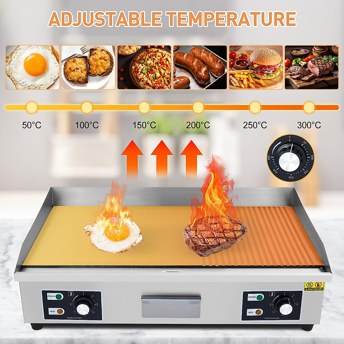 29" Commercial Stainless Steel Electric Griddle, 3000W Non-Stick Electric Countertop Griddle with Fluted Surface, 110V Restaurant Teppanyaki Flat Top Grill, Adjustable Temperature Control 122°F-572°F