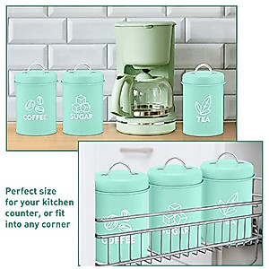 E-far Canister Sets for Kitchen Counter, 3-Piece Metal Tea Coffee Sugar Canister with Airtight Lid for Food Storage, Farmhouse Style & Small Size (6.1” x 4”)-Turquoise