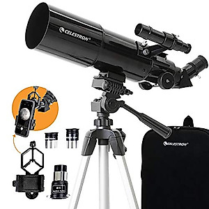Celestron - 80mm Travel Scope - Portable Refractor Telescope - Bonus Astronomy Software Package - Digiscoping Smartphone Adapter & LensPen - Optics Cleaning Tool, Black (93575)