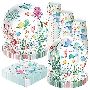 APOWBLS Ocean Under The Sea Party Decorations Dinnerware For Birthday Baby Shower, Ocean Theme Party Supplies, Plate, Cup, Napkin, Underwater World Sea Life Theme Party Decorations Tableware, Serve 48