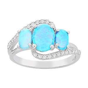 .925 Sterling Silver, Oval Lab Grown Blue Opal Cabochons & Lab Grown White Sapphire Faux Bypass 3 Stone Split Shank Statement Ring - Size 7