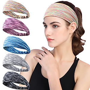 Workout Sweatbands for Women, 5 PCS Non-Slip Sports Hair Bands for Yoga Running, Elastic Hair Accessories for Fitness (5 Pack Striped Colors)