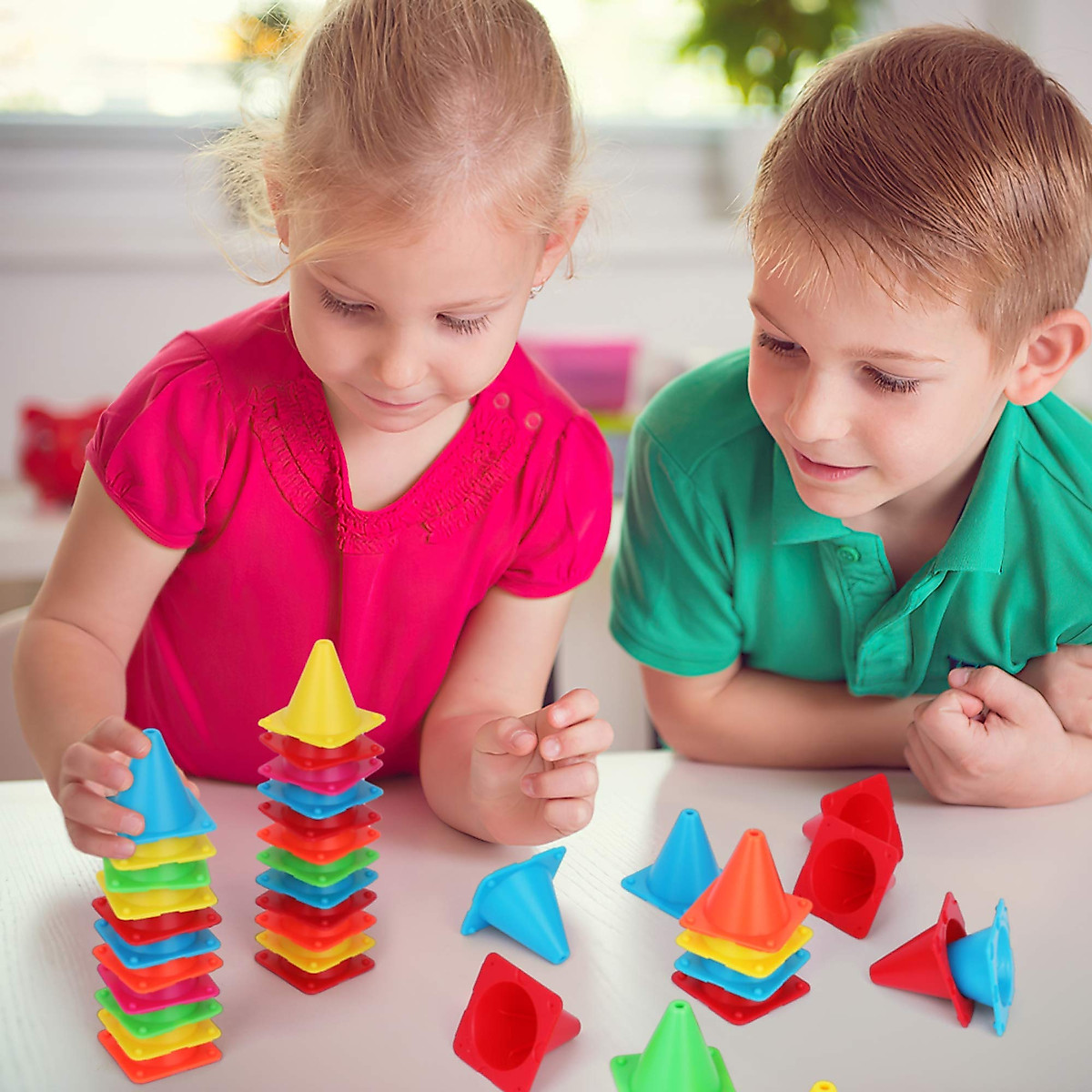 Play Build ConestaX Stacking Game - 48 Pcs Cones Balancing Stacking Toy - Fun STEM/STEAM Activity Games for Toddler - Educational Cone Stack Toys with Plastic Storage Container