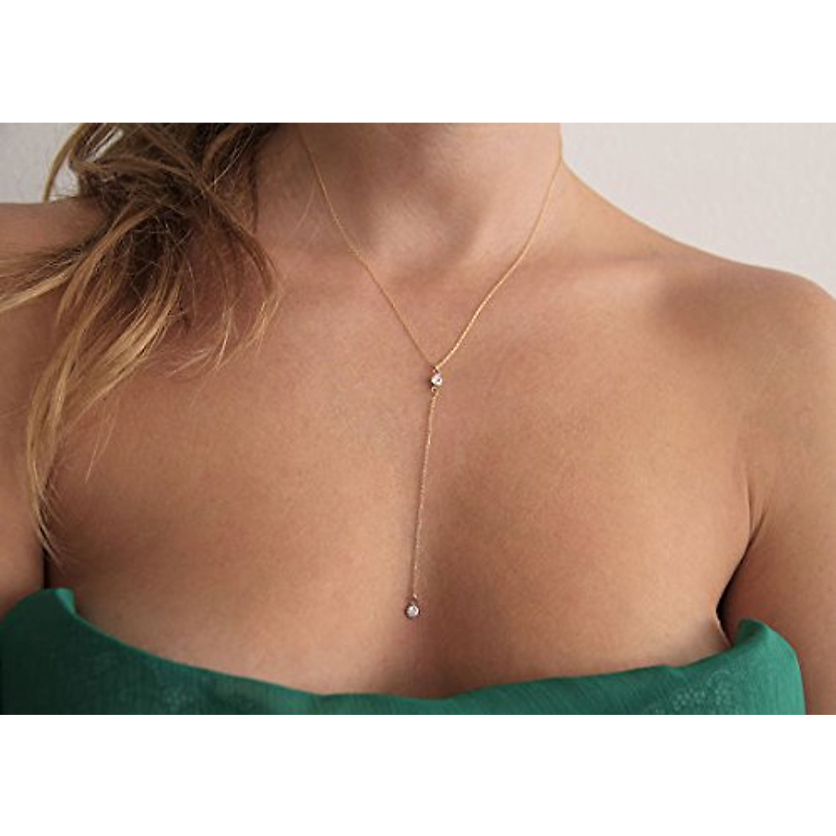 Handmade Lariat Necklace for Women, 18K Gold Plated Dainty Drop Y Chain Necklace Jewelry for Women Girl Gifts with Simulated Diamond，16" to 18" adjustable length (Gold)