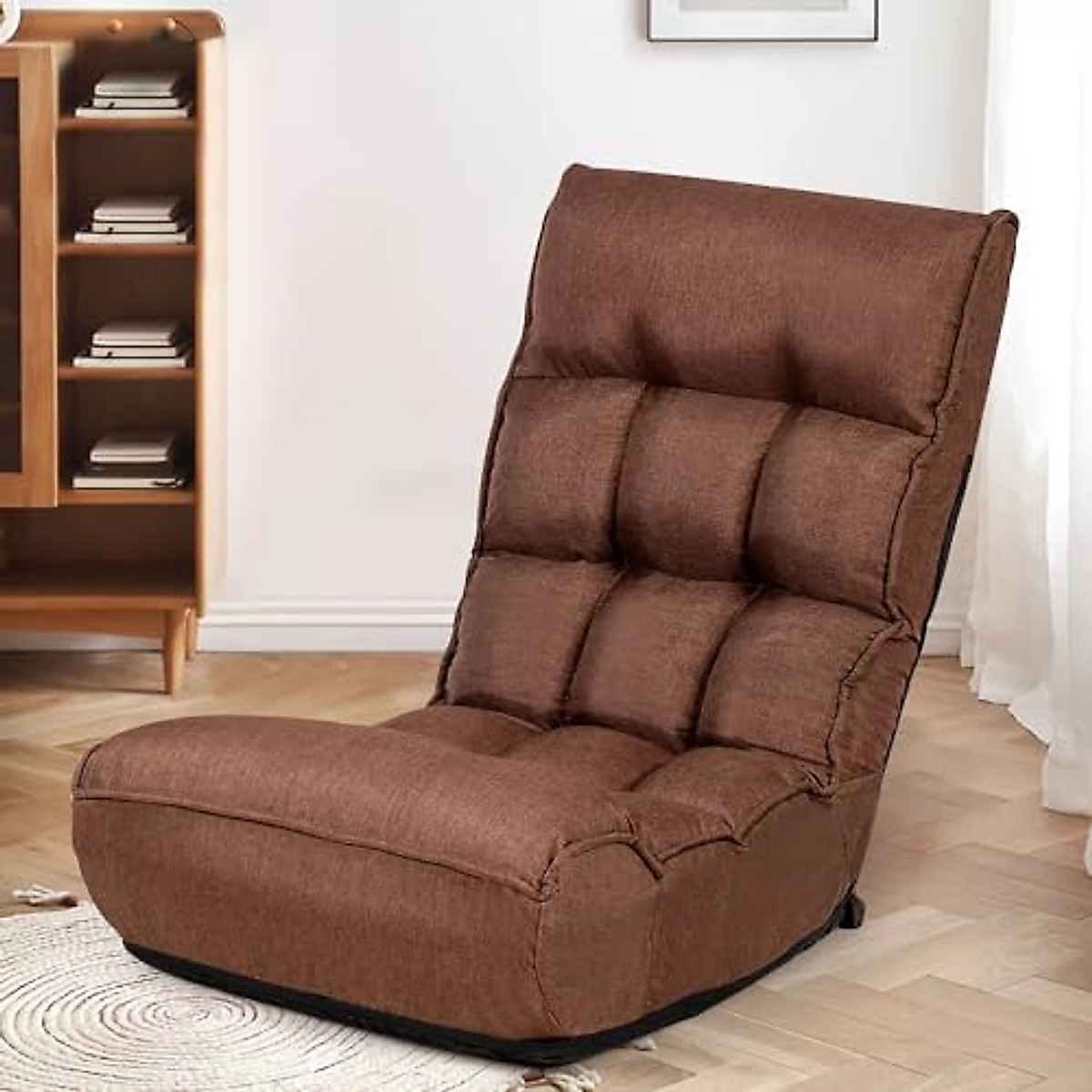 MUSUMI 4-Position Adjustable Floor Chair Folding Lazy Sofa Cushioned Couch Lounger New Foldable Couch Upholstered Couch Recliner, Easy to Store (Brown)