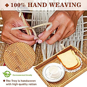 Rectangular Rattan Serving Tray with Handles, Handwoven Wicker Decorative Display Serving Platters for Coffee, Breakfast, Drinks, Snack Multi-Purpose Dining Table Desktop Organiser Tray(S)