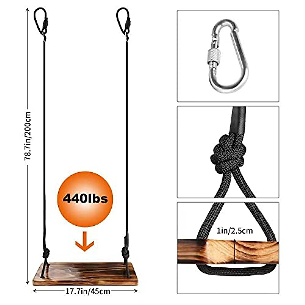 Tree Swing Seat,ATFWEL Carbonized Hanging Swing Seat with Adjustable Rope for Adult Kids Garden,Yard,Indoor,Outdoor Durable Wooden Swing Can Withstand 440LB (17.7x7.9x1.0 inch)