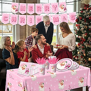 Christmas Party Supplies, 142Pcs Christmas Dinnerware Set Includes Pink Santa Claus Snowflake Napkins and Plates,Cups,Banner,Xmas Tablecloth for Merry Christmas Holiday Party, Serves 20
