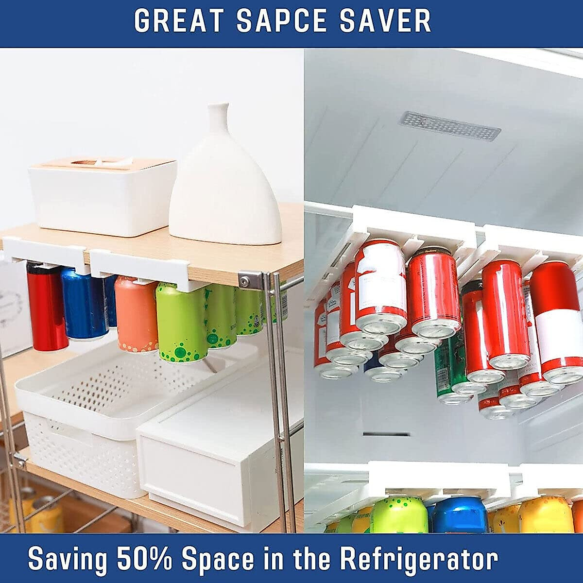 Hanging Soda Can Organizer for Refrigerator, Adjustable Suspended Cans Storage Rack, Stacking Pop Can Dispenser for Fridge, Beer Drink Holder for Fridge Freezer, Beverage & Canned Food Organizers