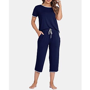 JINSHI Ladies Jammies Cooling Pj's Short Sleeve And Capri Pants with Pockets for Girlfriend Womens Pajamas Summer Navy S