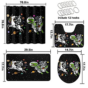 Outer Space Shower Curtain with 12 Hooks,Non-Slip Rug Toilet Lid Cover Bath Mat 4 Piece Sets Bathroom Set Space Art Astronaut Riding A Unicorn and Dinosaur and Planet Home Bathroom Decor, 72X72 Inch