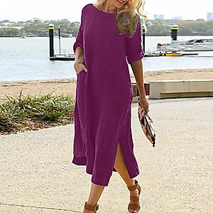 Evening Dresses for Women Elegant Women Summer Dress Round Neck Loose Elegant Cotton Linen Casual Retro Long Sleeve Hot Pink