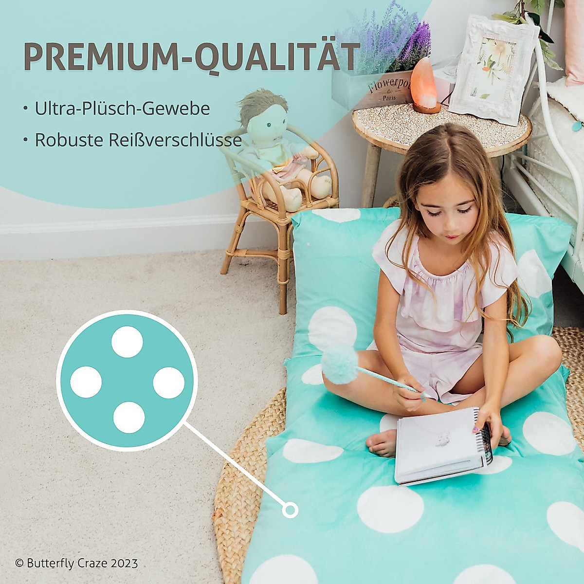 Butterfly Craze Floor Pillow Case, Mattress Bed Lounger Cover, Polka Aqua, Queen Size - Cozy Seating Solution for Kids & Adults, Recliner Cushion, Perfect for Reading, TV Time (Pillow Not Included)