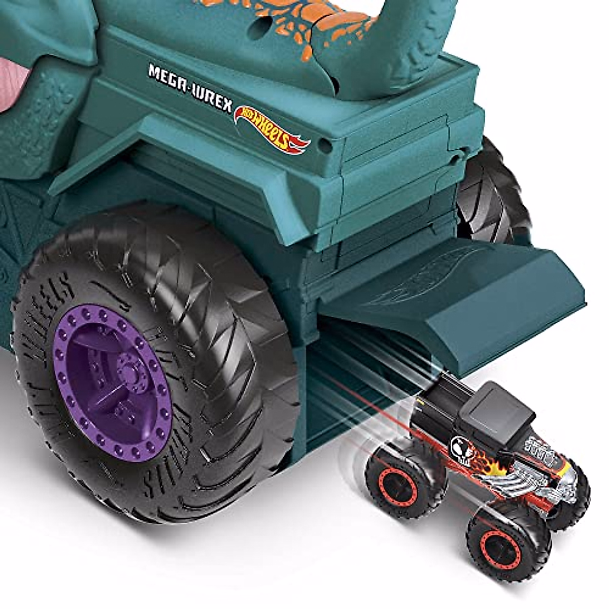 Hot Wheels Monster Trucks Car Chompin' MEGA-Wrex, Large Toy Monster Truck & 1:64 Scale Toy Car, "Eats" & "Poops" 1:64 Scale Vehicles