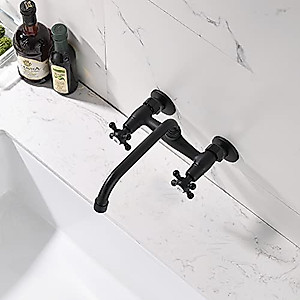 Jshozzy Matte Black Wall Mount Kitchen Sink Faucet Double Handle 3 Inch to 9 Inch Swivel Spout Wall-Mounted Commercial Bar Sink Faucet NSF Lead-Free Hot and Cold Water Mixer Tap Utility Sink Faucet