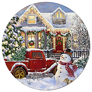 Christmas Snowman Round Area Rugs 5 ft Diameter Indoor Mats Farmhouse Happy New Year Red Truck Snowflake Xmas Tree Soft Living Room Bedroom Unique Carpet Woman Yoga Mat Home Decor