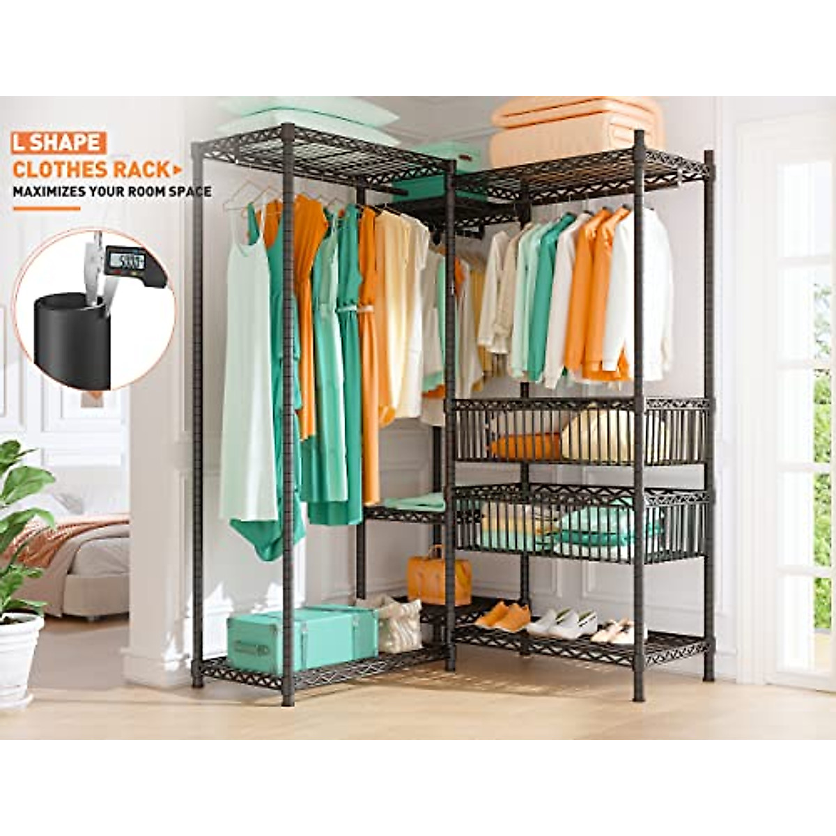Raybee 77" H Clothes Rack Heavy Duty Clothing Racks for Hanging Clothes with Basket Drawers Load 850 LBS 75" Wide Large Clothes Rack with Shelves Adjustable Wire Garment Rack Free Standing Closet