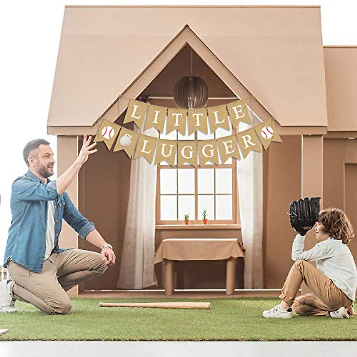 Jute Burlap Little Slugger Banner Boy Baseball Theme Baby Shower Party Decoration Supply