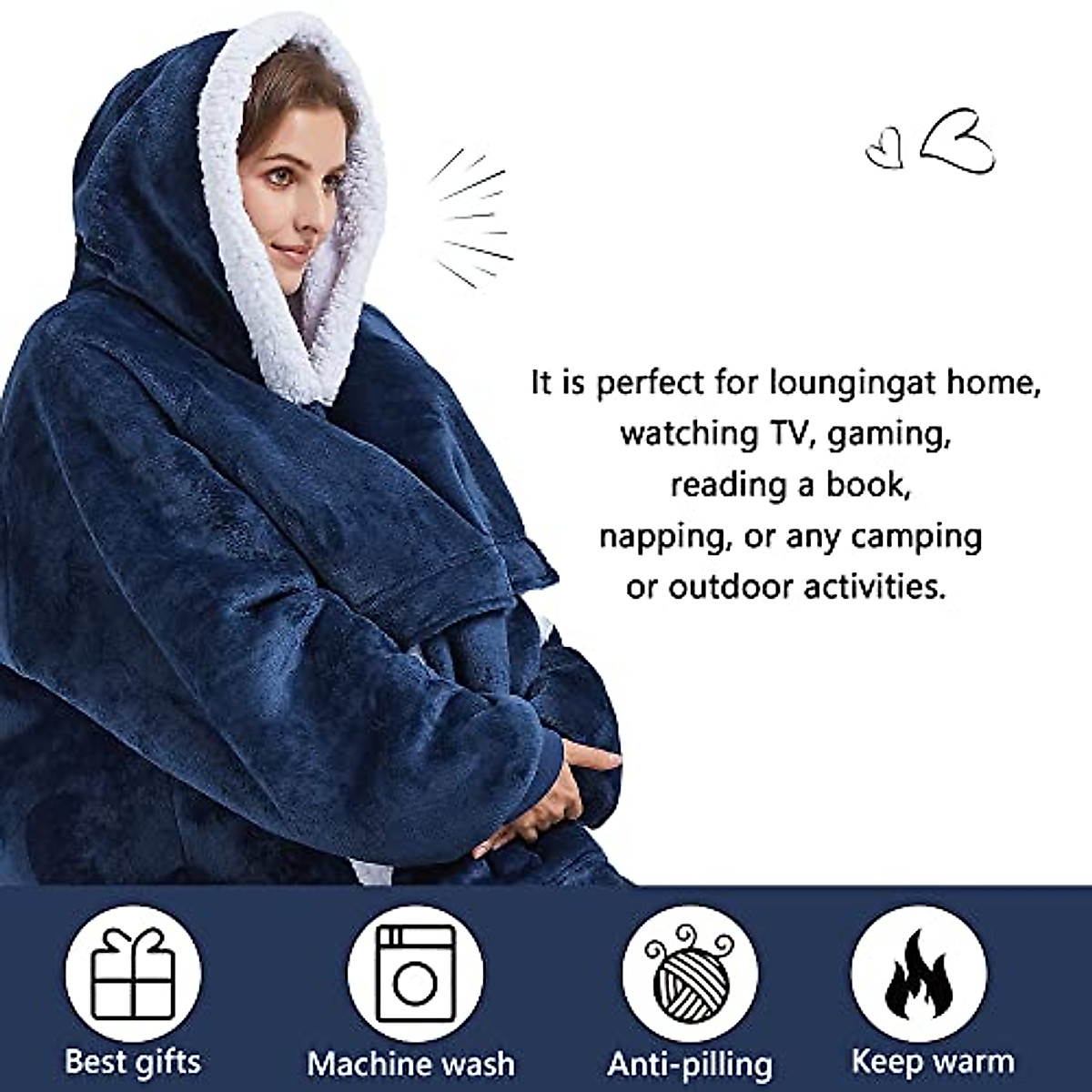 Ashago Wearable Blanket Hoodie for Adult Oversized Sherpa Blanket Sweatshirt Hoodie with Sleeves and Giant Pocket Gifts for Women Men（Blue）