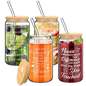Jinei 4 Pcs 16 oz Employee Appreciation Gifts for Coworkers Bulk Inspirational Gifts Glass Cups with Bamboo Lids and Straws Set You're Awesome Thank You Gifts for Women Men