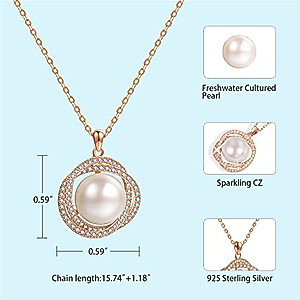 EYESHOCK 10-11mm Single Freshwater Pearl Necklace for Women, Rose Gold Plated Sterling Silver Cubic Zirconia Pendant Necklace for Women's Jewelry