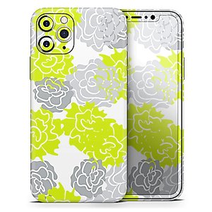 Design Skinz Gray and Lime Green Cartoon Roses - DesignSkinz Protective Vinyl Decal Wrap Skin Cover Compatible with The Apple iPhone 12 Pro (Full-Body, Screen Trim & Back Glass Skin)