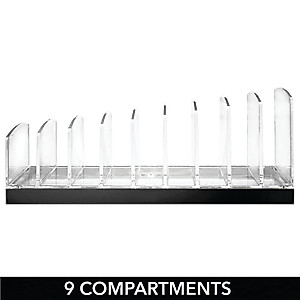 mDesign Plastic Divided Cosmetic Palette Organizer with 9 Sections - Makeup Storage for Bathroom Vanity, Cabinet, Drawer - Holds Eyeshadow, Blush, Powder - Lumiere Collection - Clear/Black