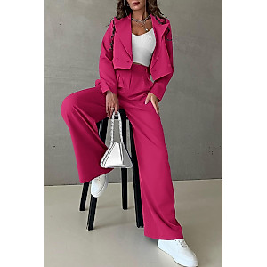 PRETTYGARDEN Women's 2 Piece Casual Outfits Cropped Blazer Jackets High Waisted Wide Leg Work Pants Suit Set (Rose Red,Large)