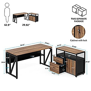 Tribesigns L Shaped Desk with Drawer Cabinet, 55" Executive Computer Desk and lateral File Cabinet, 2 Piece Home Office Furniture with Drawers for Hanging File, Doors with Locks (Dark Walnut+Black)