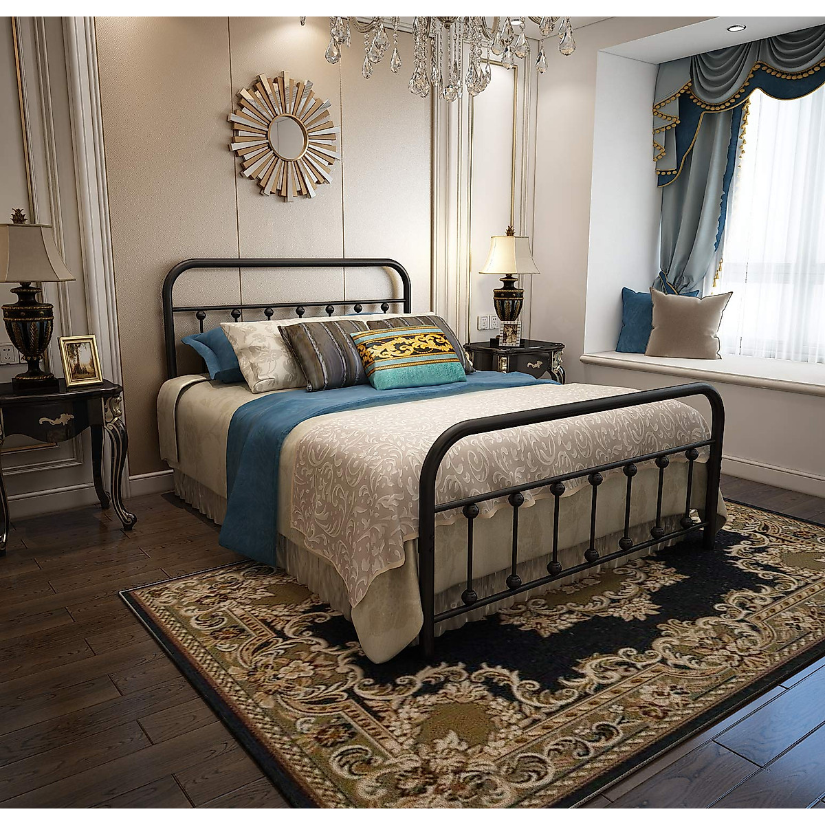 YALAXON Vintage Sturdy Full Size Metal Bed Frame with Headboard and Footboard Basic Bed Frame No Box Spring Needed，Black