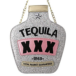 Ondeam Tequila Bottle Shaped Laser Shoulder Handbags,Pu Crossbody Purse for women(Silver B)