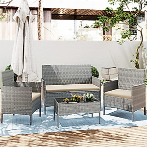 Greesum Patio Furniture 4 Pieces Conversation Sets Outdoor Wickerr Rattan Chairs Garden Backyard Balcony Porch Poolside loveseat & 3 Pieces Patio Furniture PE Rattan Wicker Chair Conversation Set